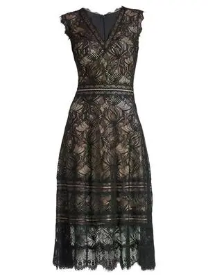 Tadashi Shoji Lace V-Neck Tea Length Dress Black