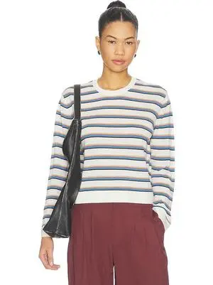 LESET Classic Crewneck Stripe Pullover In Merino Wool - Parch  Choco & Leset Blue Stripe