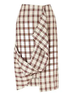 RÓHE Checked Linen Midi Skirt With Draped Detail - Brown