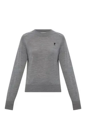 Ami Wool Sweater With Embroidered Logo - Grey