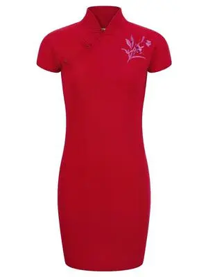 Shanghai Tang Floral-embroidered Mini Dress - Red