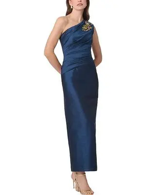 Shoshanna Dupioni Embellished One Shoulder Gown - Navy