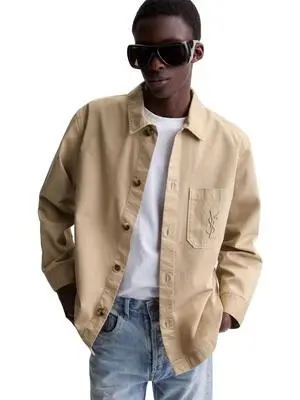 Saint Laurent Royal Beige Cassandre Cotton Gabardine Overshirt Beige