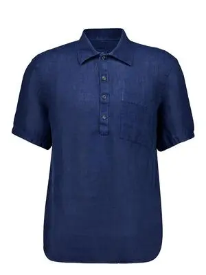 120% Lino Navy Linen Short-sleeve Regular Shirt - Blue