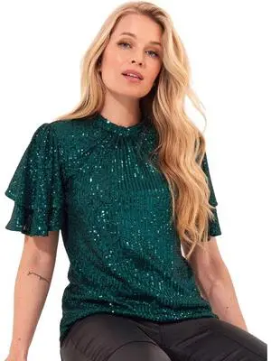 JOE BROWNS Embellished Sequin Flutter Sleeve Top - Emerald Sequin
