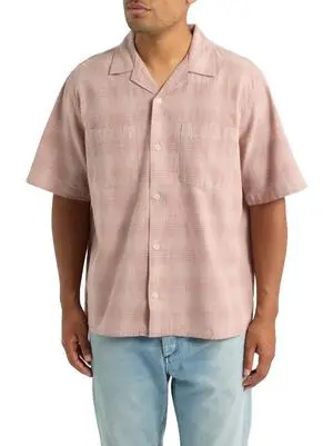 CORRIDOR Plaid Short Sleeve Cotton & Linen Camp Shirt Pnk
