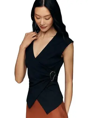 Maeve V-neck Cap-sleeve Top - Black