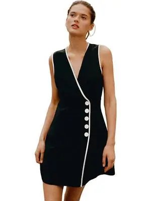 MARE MARE Linen Asymmetric Button Mini Dress - Black/white