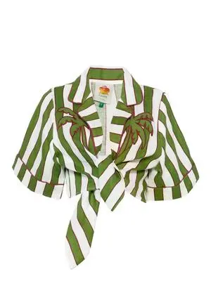 Farm Rio Striped Cropped Blouse - Green
