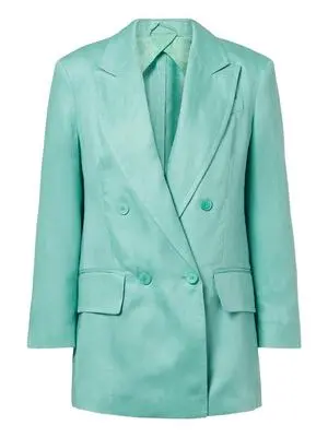Max Mara Olimpia Double-Breasted Herringbone Linen Blazer Blue