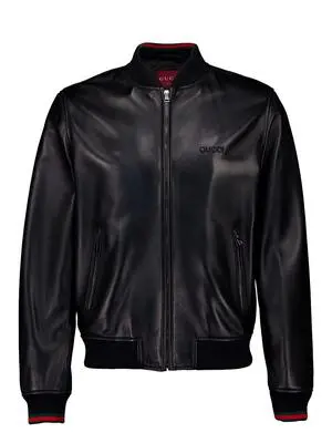 Gucci Leather Bomber Jacket With Web - Black