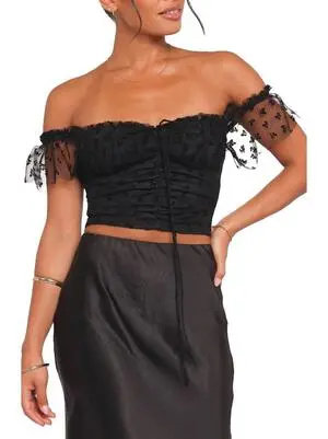 PETAL & PUP Off-the-shoulder Mesh Crop Top - Black