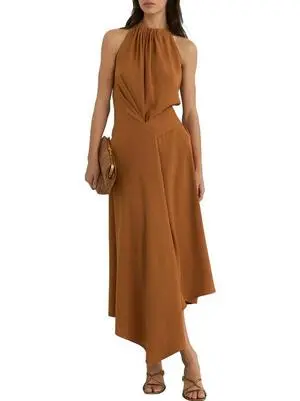 REISS Asymmetric Sleeveless Midi Dress - Rust Orange