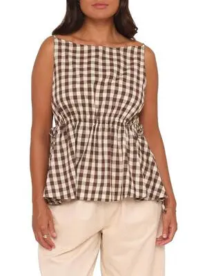 PETAL & PUP Gingham Cotton Peplum Tank - Brown Gingham
