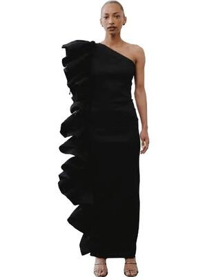 SEZ Sevilla Dress One Shoulder Taffeta Gown With Ruffles - Black