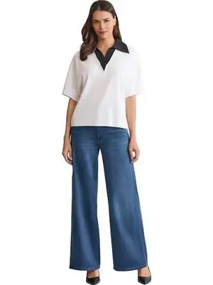 Misook Mixed Media Soft Knit Shirt With Contrasting Collar - White