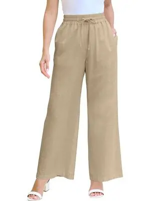 Roaman's Linen Wide Leg Pants With Drawstring Waist - Sandy Beige