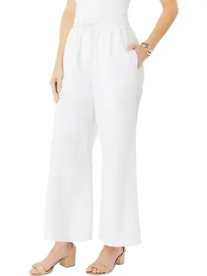 Roaman's Roaman's Linen Wide Leg Pants With Drawstring Waist White