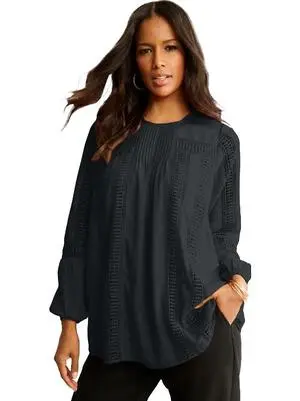 ROAMAN'S Roaman's Lace-Trim Blouson-Sleeve Top Black