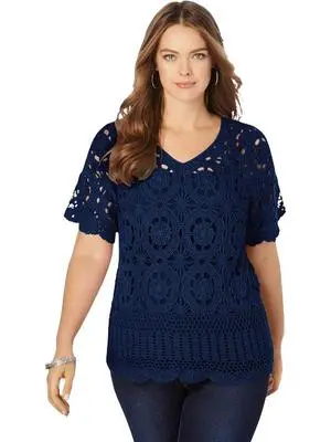 ROAMAN'S Medallion Pattern French Crochet Sweater Top Navy