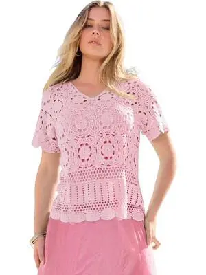 Roaman's Roaman's Medallion Pattern French Crochet Sweater Top With Scalloped Edges Primrose