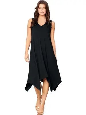 ROAMAN'S Sleeveless V-neck Stretch Knit Midi Dress With Handkerchief Hem - Black