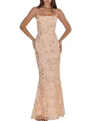 House Of Cb HOUSE OF CB Naima Sequin And Bead Embellished Gown Peach