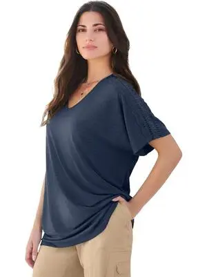 Roaman's Roaman's Lace Trimmed Textured Tee Navy