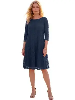 ROAMAN'S 3/4 Sleeve Lace Swing Dress - Navy