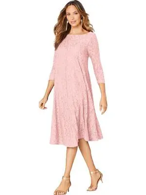 Roaman's 3/4 Sleeve Boatneck Lace Swing Dress - Soft Blush