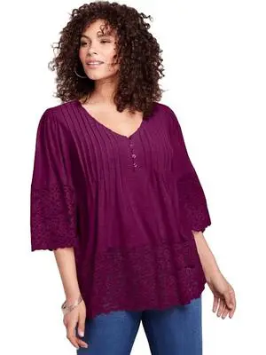 ROAMAN'S Lace-hem Pintuck Tunic - Dark Berry