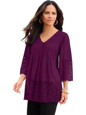 Roaman's ROAMAN'S Lace Hem Pintuck Tunic Dark Berry