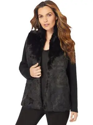 Roaman's Faux Fur Trim Cardigan Sweater - Black