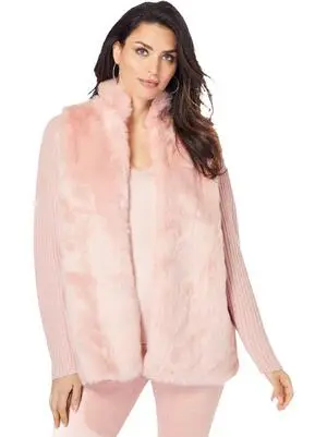 Roaman's Faux Fur Trim Cardigan Sweater - Soft Blush