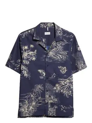 Moncler Tropical Print Short Sleeve Cotton Poplin Snap-up Shirt Blue
