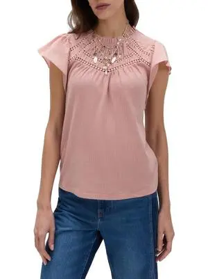 PER UNA BY M&S Circle Trim Flutter Sleeve Top - Rose Pink