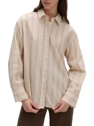 M&s Striped Button-front Shirt - Beige