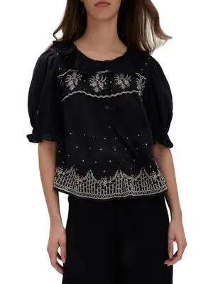 PER UNA BY M&S Embroidered Lace Collar Crop Top - Black/multi