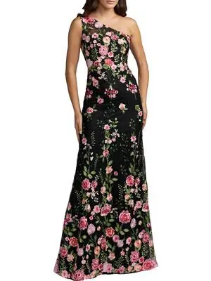 Mac Duggal One Shoulder Lace Embroidered Gown - Black Multi