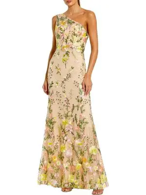 Mac Duggal Mac Duggal Petite One Shoulder Lace Embroidered Gown Yellow Multi