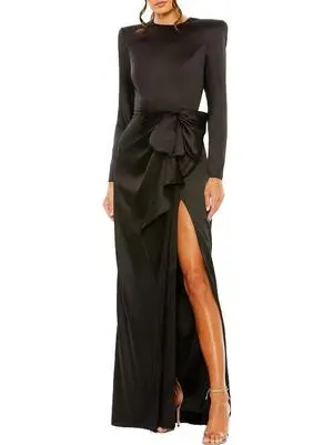 Mac Duggal Satin Bow Draped Column Gown - Black