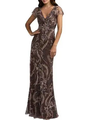 Mac Duggal Mac Duggal Petite V-Neck Flutter Sleeve Floral Embroidered Gown Chocolate
