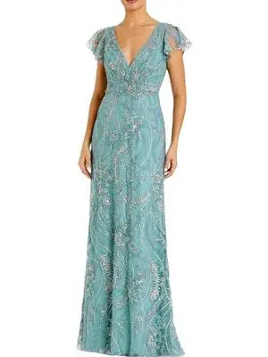 Mac Duggal Petite V-neck Flutter Sleeve Floral Embroidered Gown - Seafoam