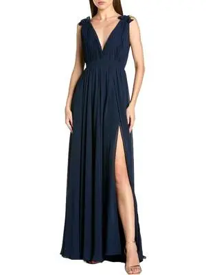 Mac Duggal Petite Sleeveless Pleated Chiffon V-Neck Gown Navy