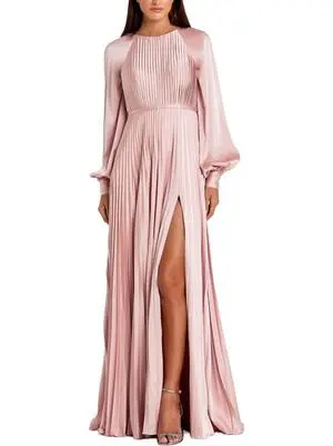 Mac Duggal Pleated Raglan Long Sleeve Gown - Blush