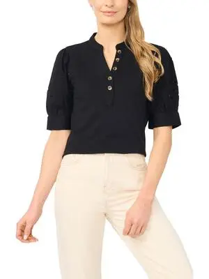 CECE DUPRAZ Mixed Media Cotton Top With Puff Sleeves - Rich Black