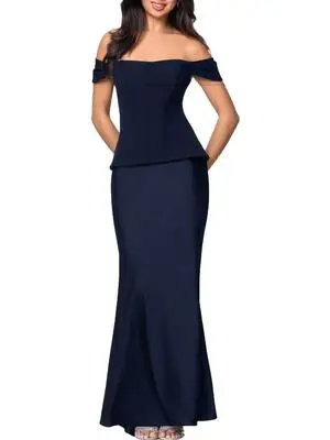 Betsy & Adam Off-the-shoulder Mixed Media Gown - Navy