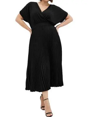 City Chic Elia Faux Wrap Pleated Dress Black
