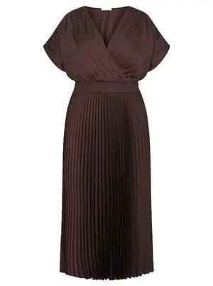 City Chic Elia Faux Wrap Pleated Dress - Chocolate