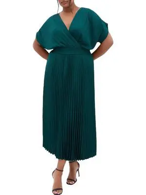 City Chic Elia Faux Wrap Pleated Dress Emerald